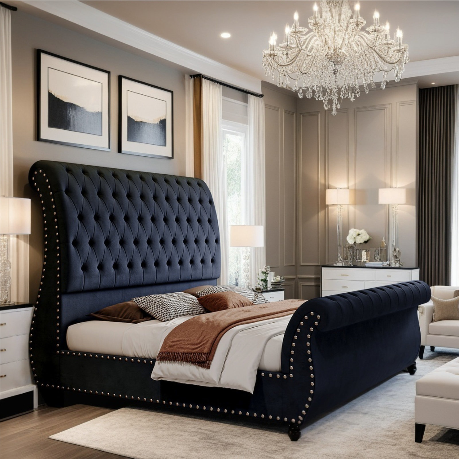 Charlton Home Platform Bed Frame Upholstered Sleig Bed with Scroll ...