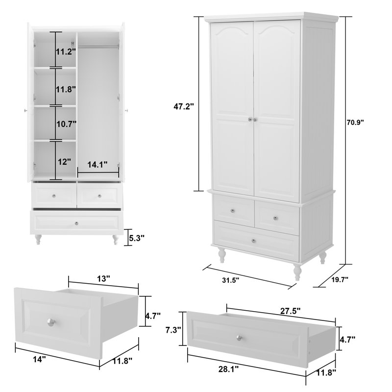 Lark Manor Talisha Freestanding Wooden Wardrobe Armoire with 3 Drawers ...