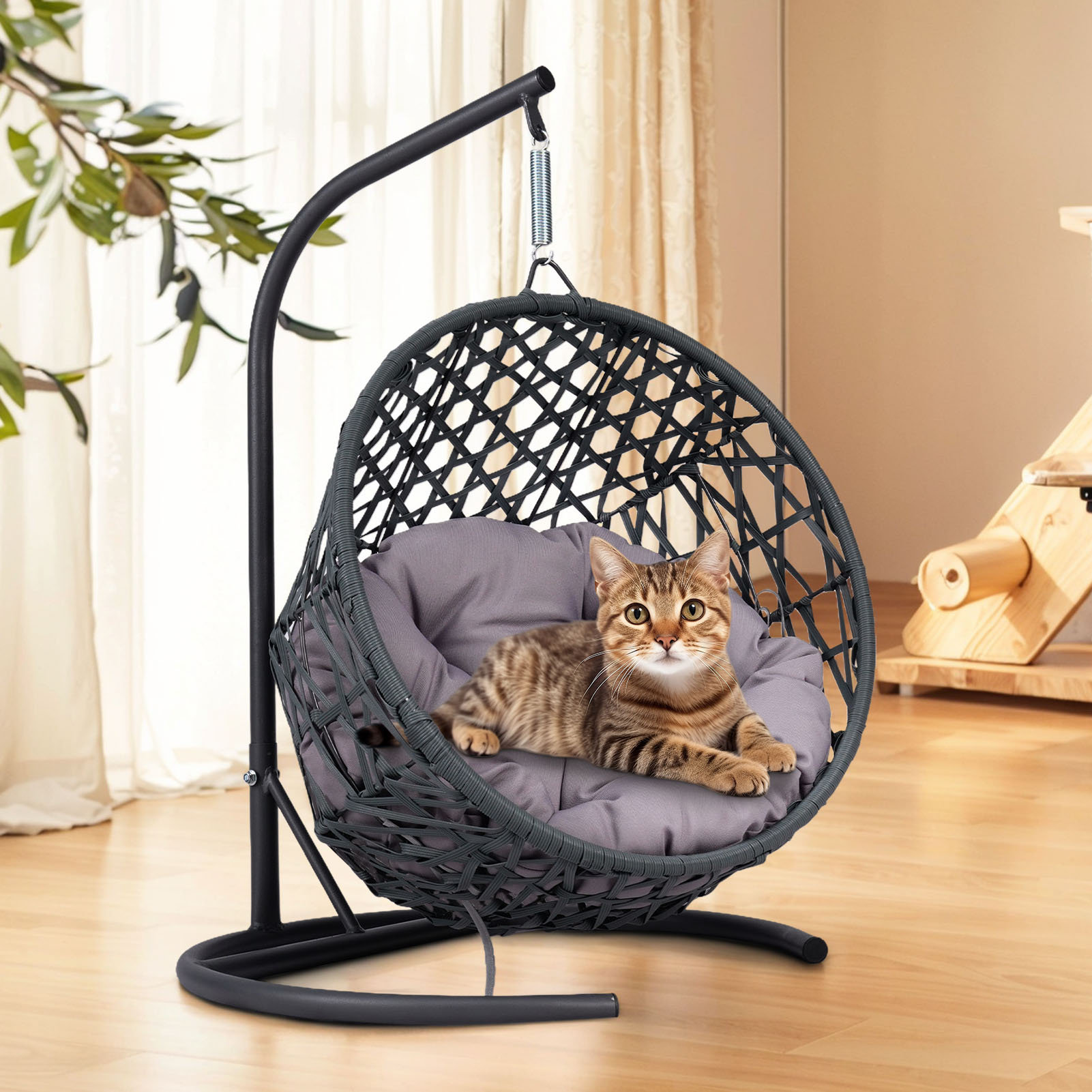 Dakota Fields Zulu HDPE Rattan Hanging Swinging Cat Bed with Stand & Cushion | Wayfair