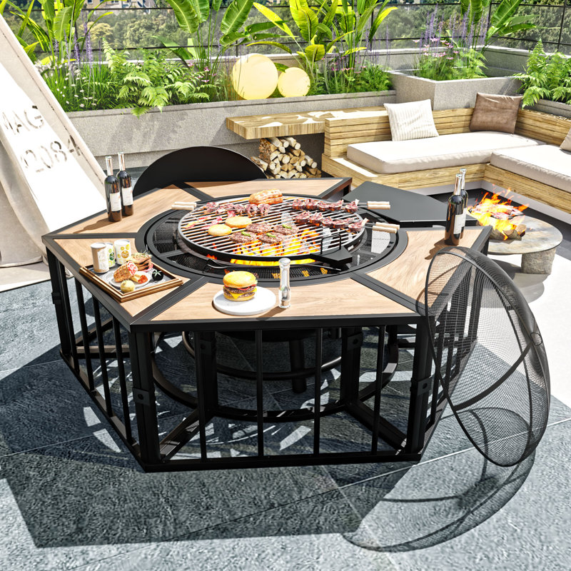 17 Stories Safila 18'' H x 59'' W Steel Outdoor Fire Pit Table with Lid ...