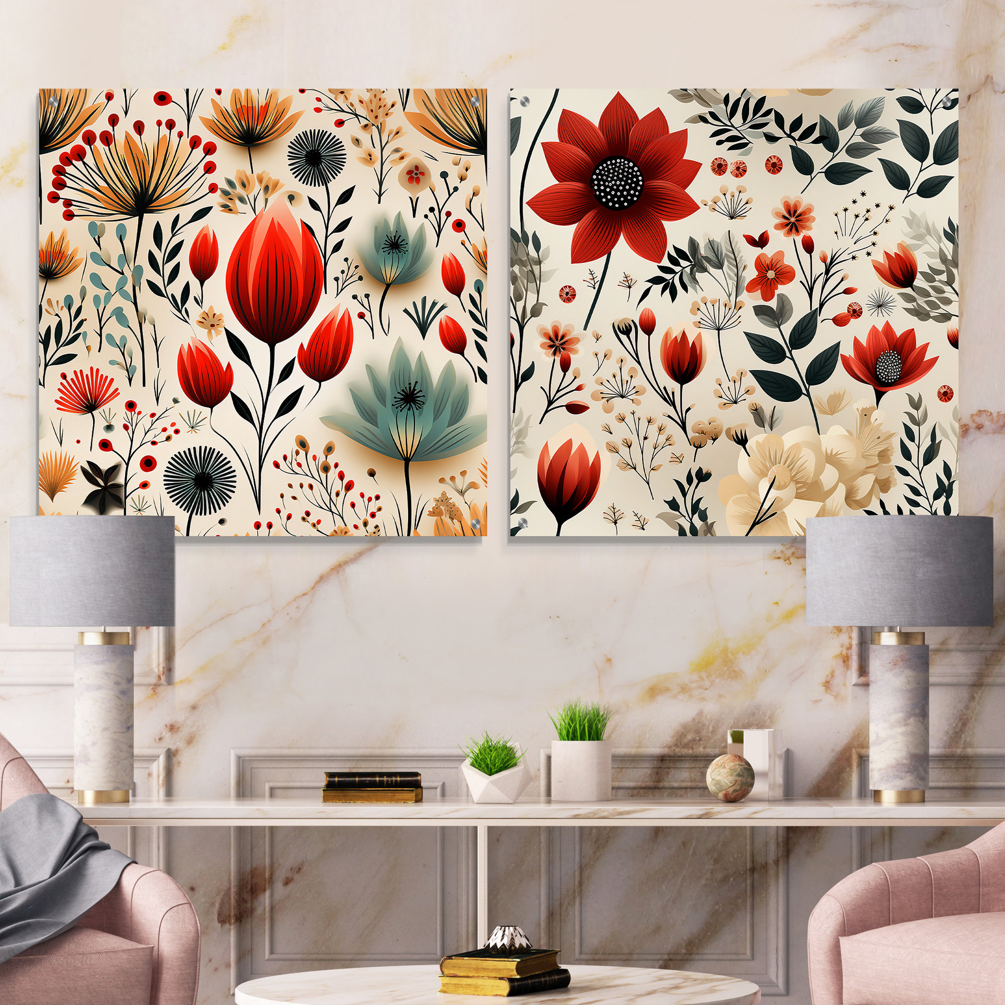 Design Art Simplicity Nordic Red Floral Dreams - Floral Acrylic Wall ...