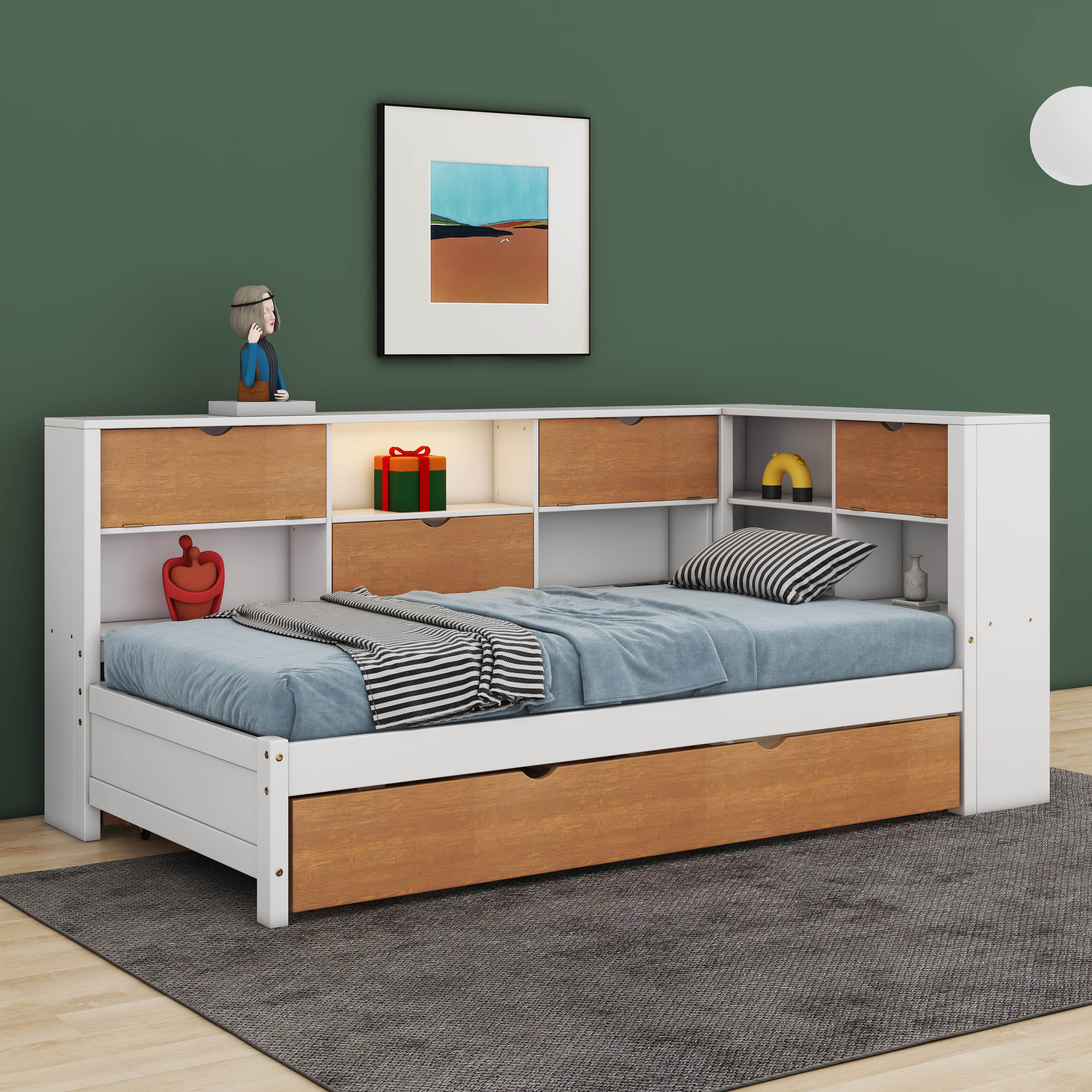 Lark Manor Chenaya Corner Bed Wooden Captain L-Shaped Bed With Led ...