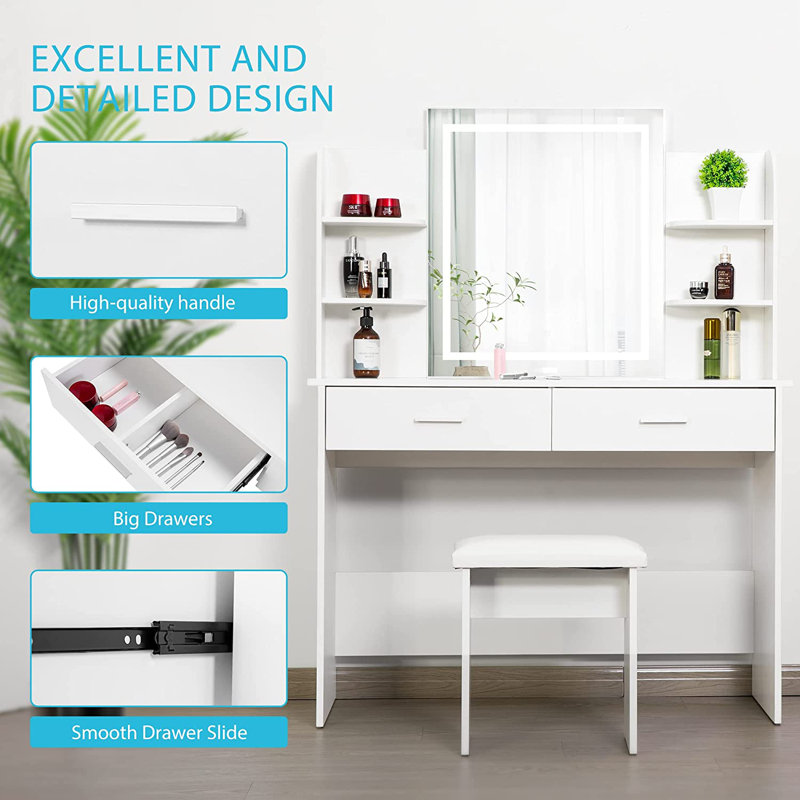 Ebern Designs Decorian Makeup Vanity Table Set With 3-colour Dimmable ...