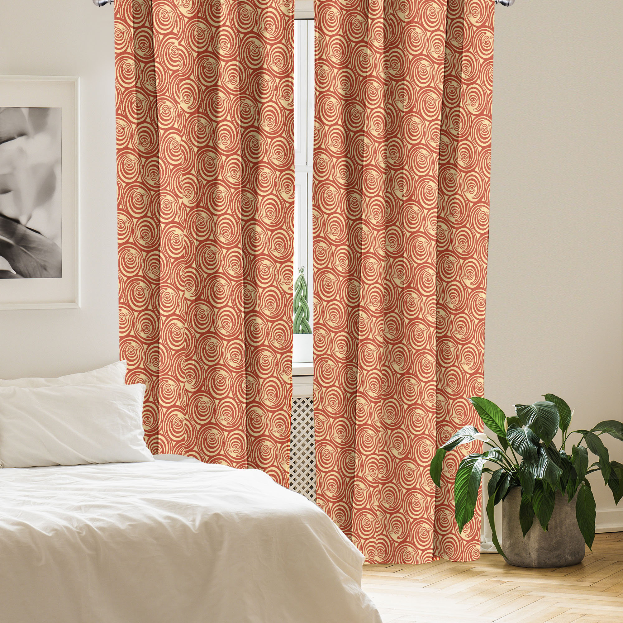 East Urban Home Retro 4-Panel Curtains, Circular Spiral Motifs, Rust ...