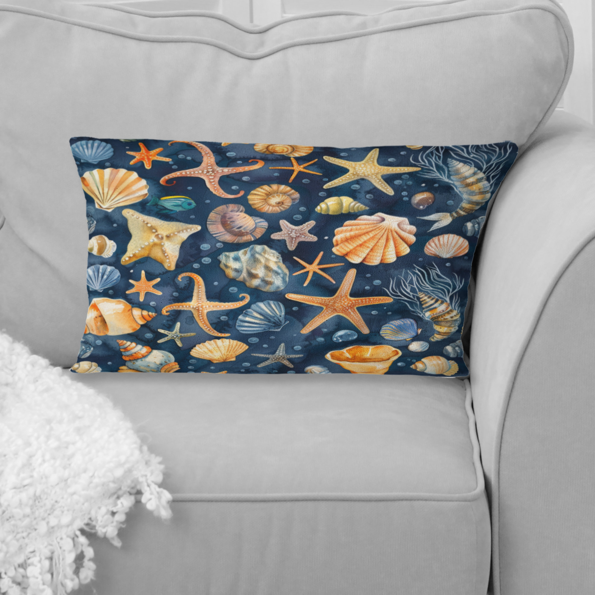 Design Art Orange Blue Coastal Seashells I - Coastal Lumbar Pillow ...