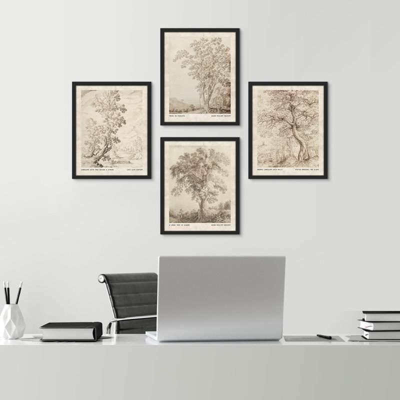 SIGNLEADER Vintage Landscape Sketch Antique Tree Framed On Paper 4 ...