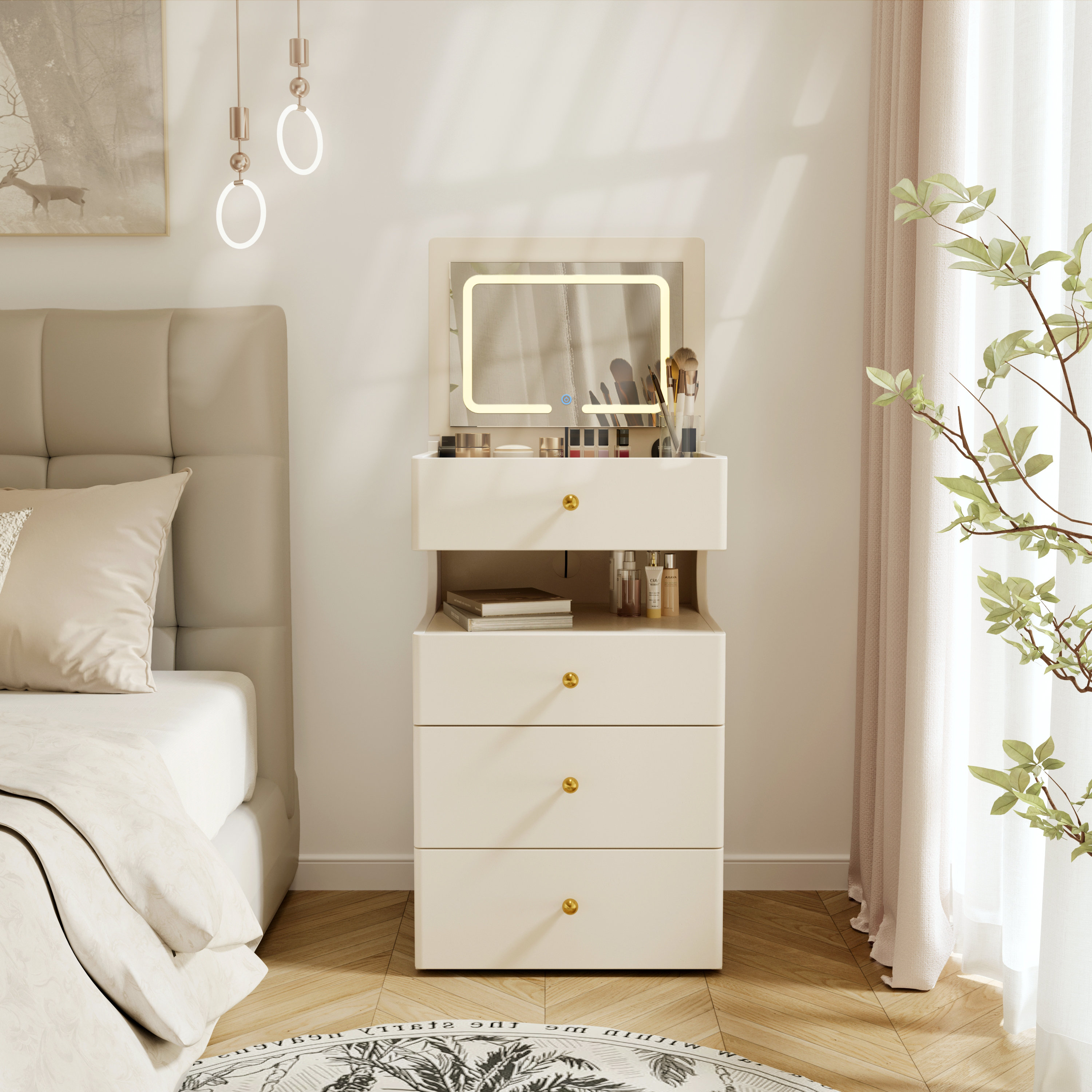 Brayden Studio® Modern Small Makeup Vanity & Retractable Stool Set with ...