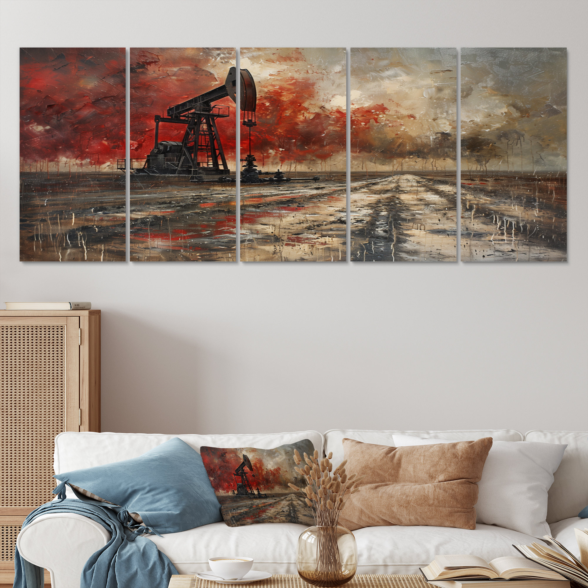 Design Art Red Winter Oil Fields Industrial Icon II - Oil Rigs / Fields ...