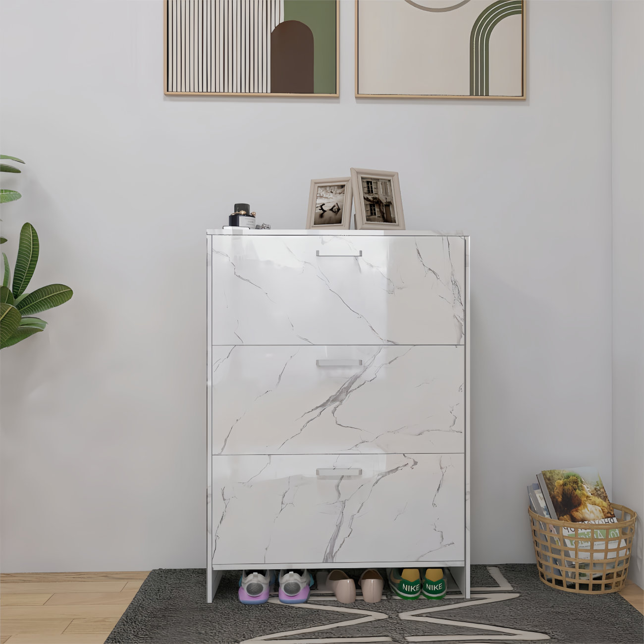 Wrought Studio Marble High Glossy 3 Doors Shoe Cabinet With Retro ...