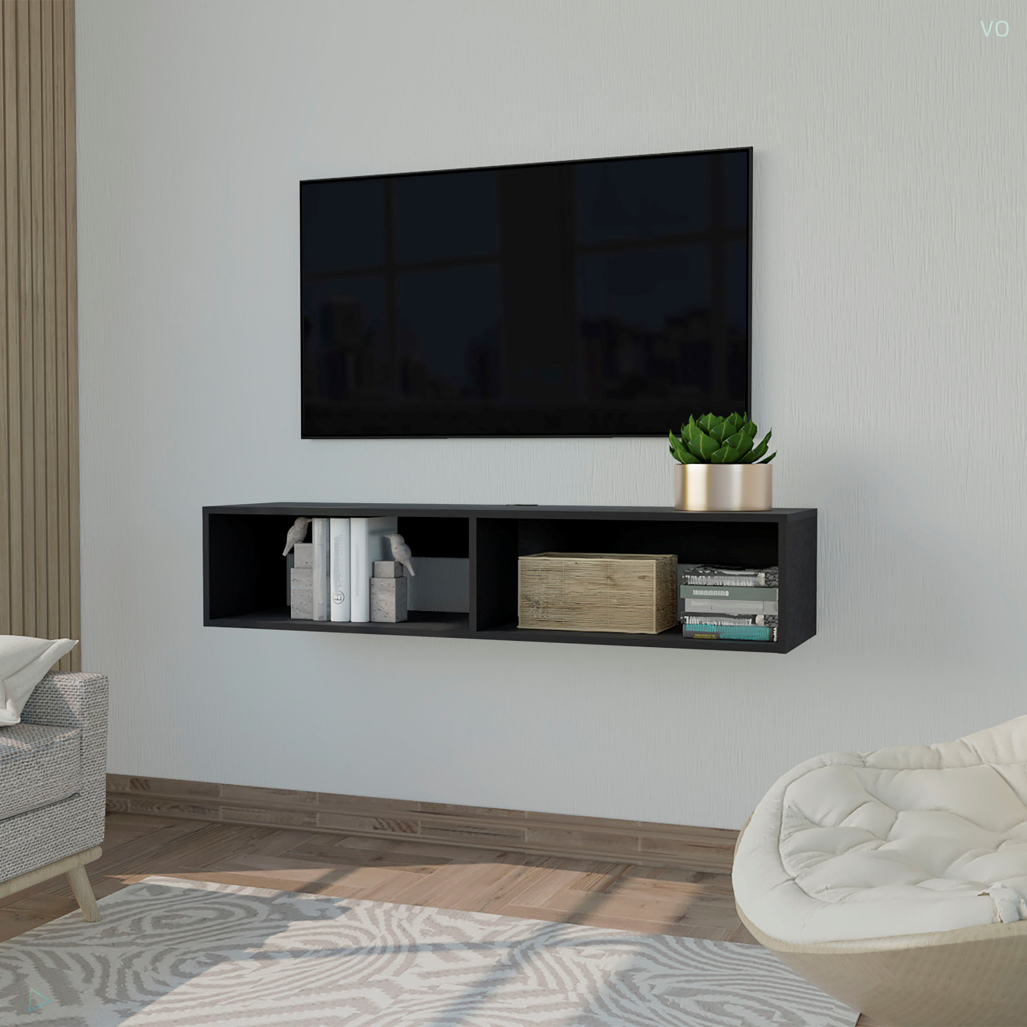 Latitude Run® Central Floating Media Rack In Melamine With Two Shelves ...