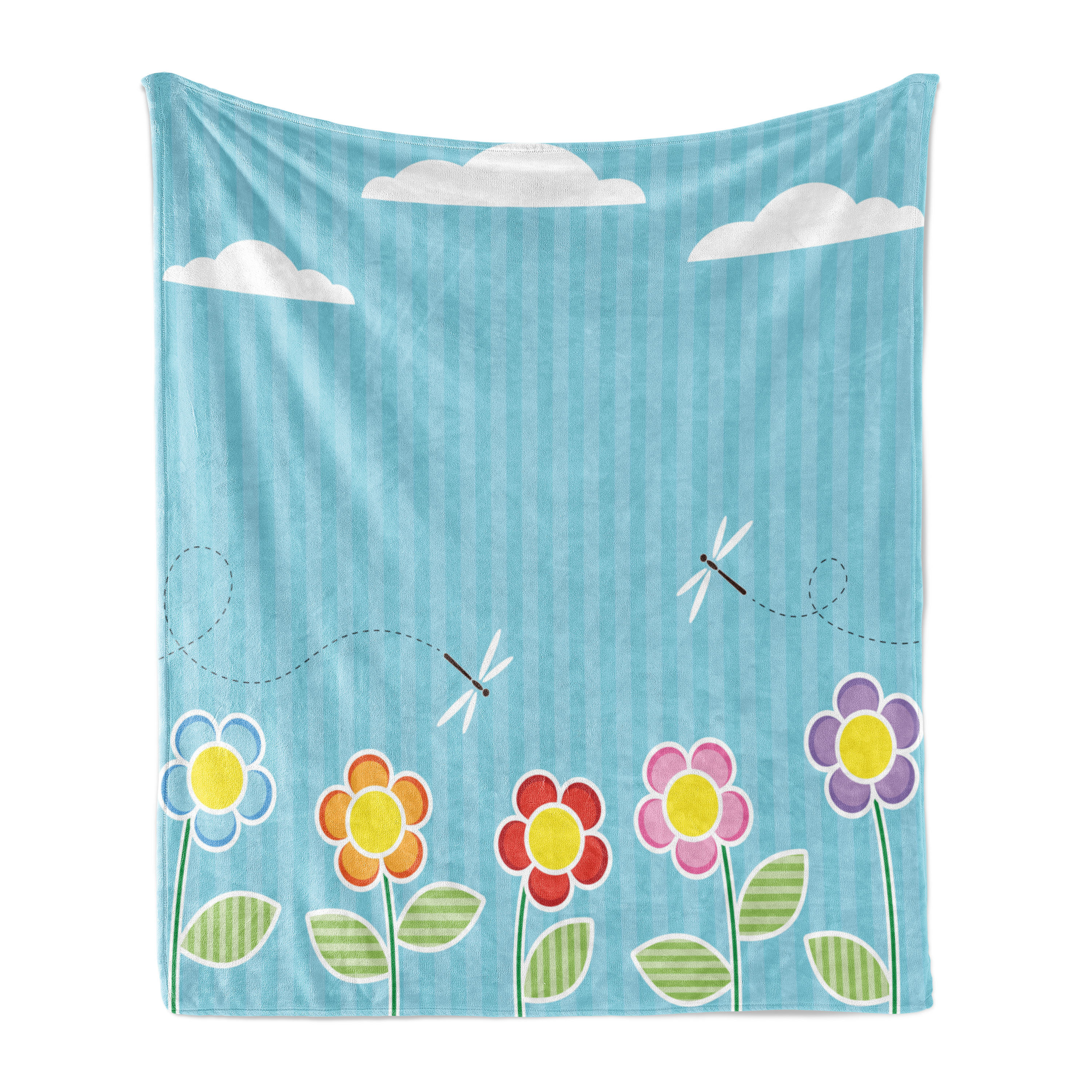 Ambesonne Dragonfly Fleece Throw Blanket Daisy Bloom Cartoon Sky Blue ...