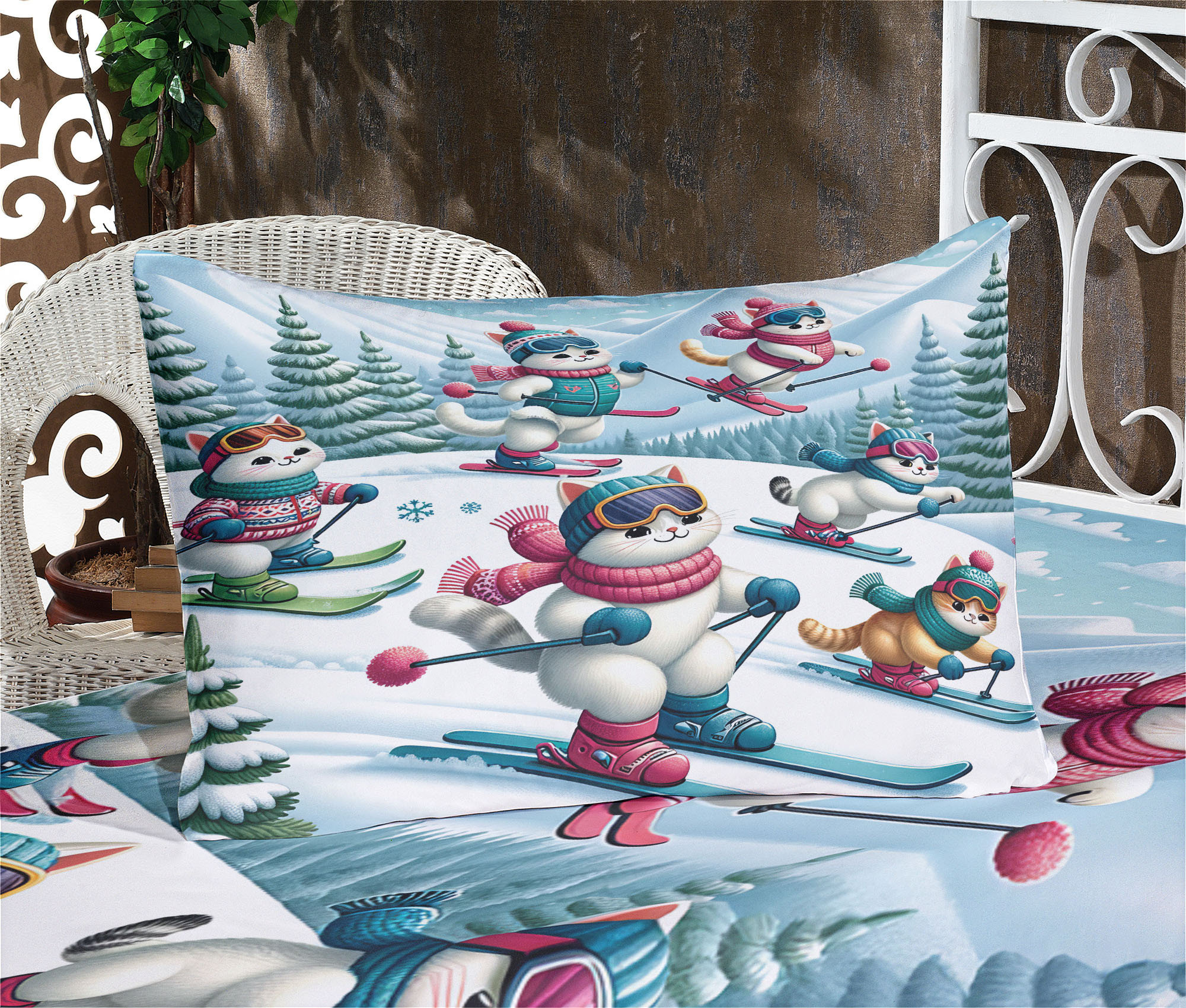 Ambesonne Fitted Sheet & Sham Set 2 Pcs Snowy Cartoon Skiing Kitties ...