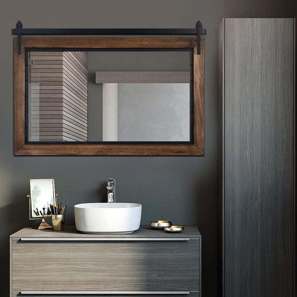 Gracie Oaks Farmhouse Barn Door Style Natural Wood Bathroom Vanity Wall ...