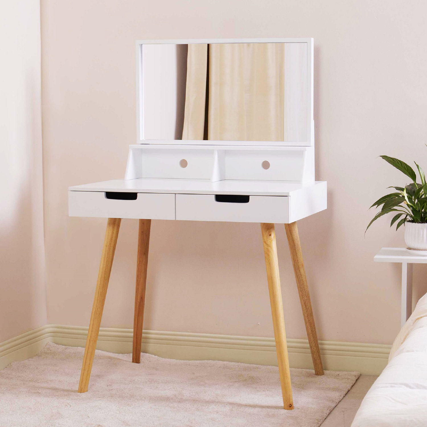 Ebern Designs Maximilien Wood Mirror Vanity Desk Makeup Table & Reviews ...