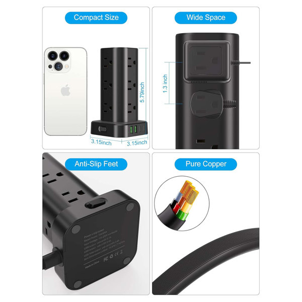 ART TO WALK ON, INC. Black Power Strip With Wireless Charger 12 Ac ...