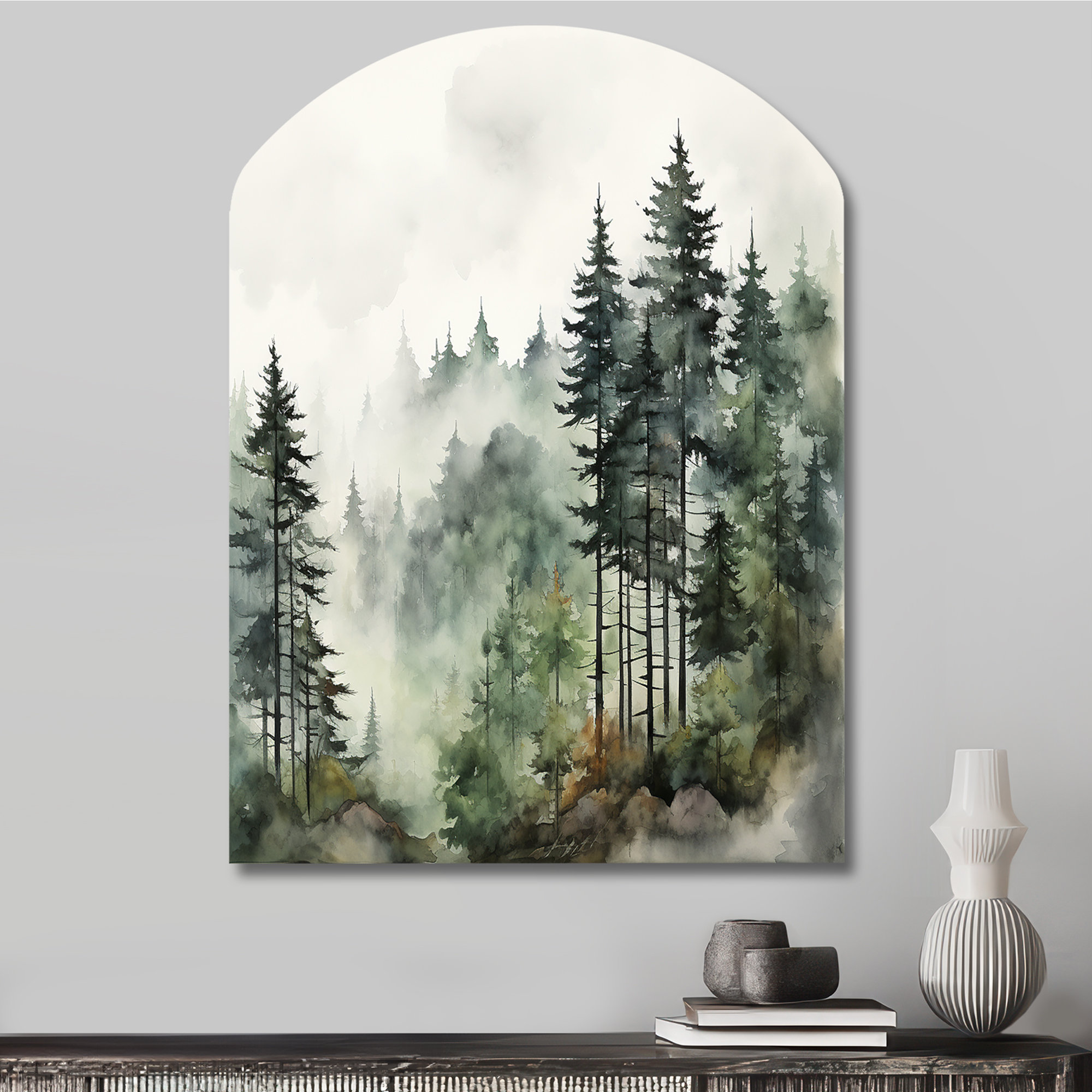 Design Art Pine Tree Misty Morning I - Pine Asymmetrical Metal Wall Art ...