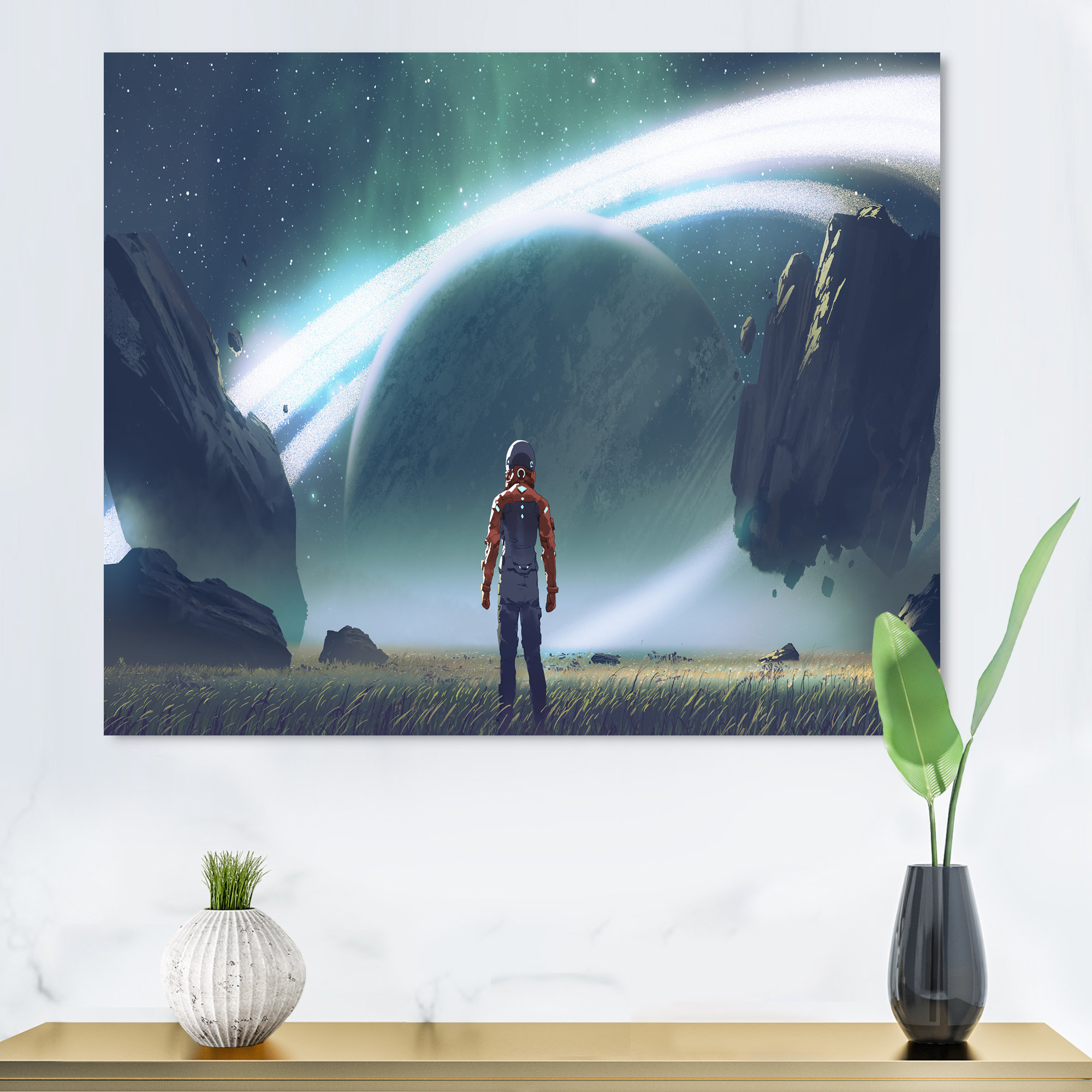 Design Art Video Game Sci Scene First Man On Moon - Print on Canvas ...