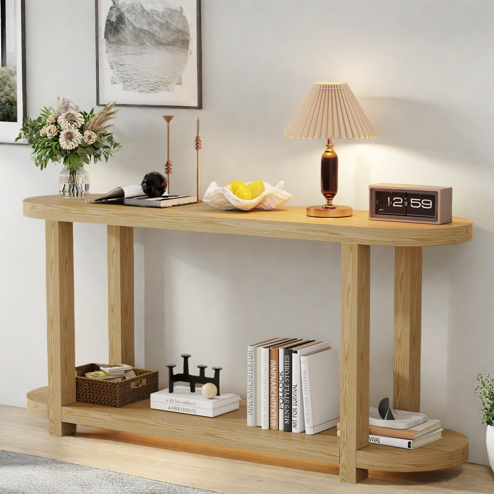 Latitude Run® Minimalist Console Table With Oval Desktop And 2-tier ...