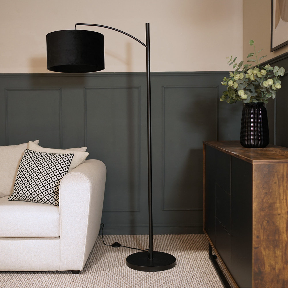 MiniSun Preto Black Metal Floor Lamp with Curve + Reni Grey Velvet ...