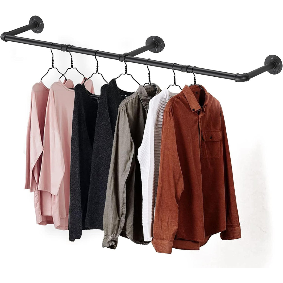 Everly Quinn Clothes Hanger Pole Wall Mount, 72" Heavy Duty Detachable ...