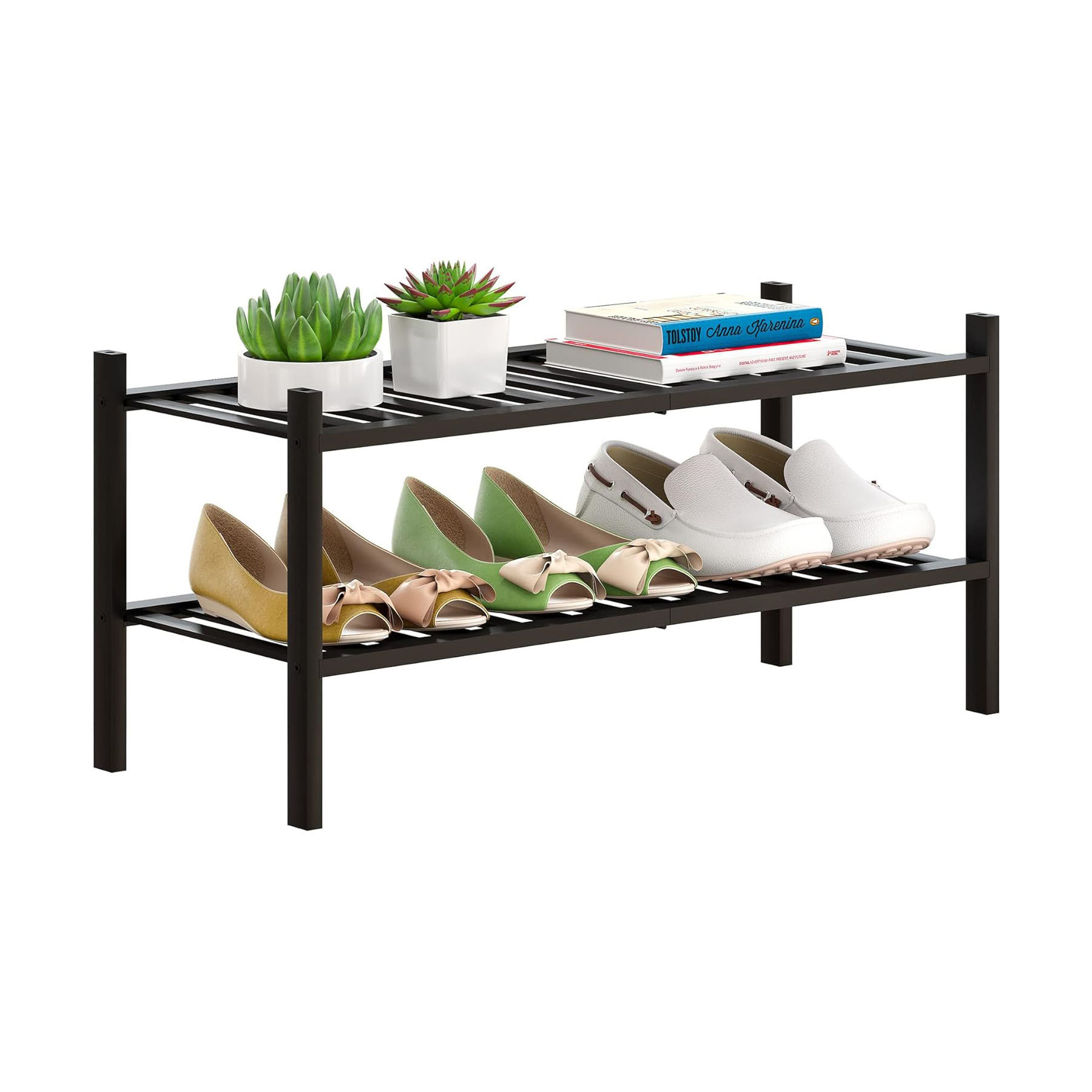 Latitude Run® 2-Tier Bamboo Shoe Rack, Freestanding Stackable Shoe ...