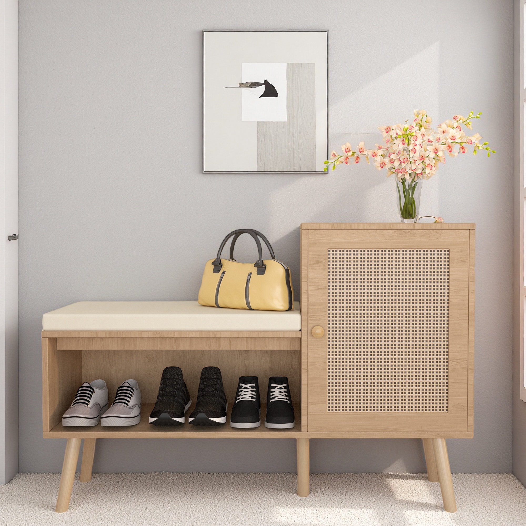 Rebrilliant 2-In-1 Shoe Storage Bench, Natural Rattan Shoe Cabinet With ...