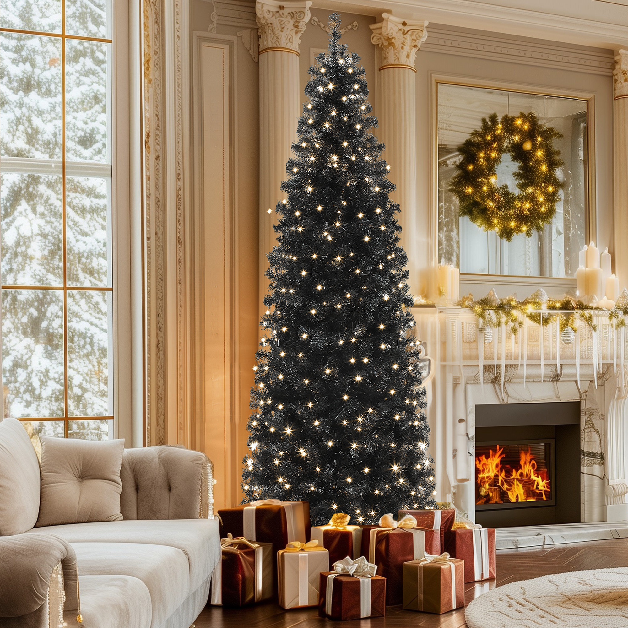 The Holiday Aisle® Slim Pre-Lit Black Pencil Christmas Tree with 700 ...