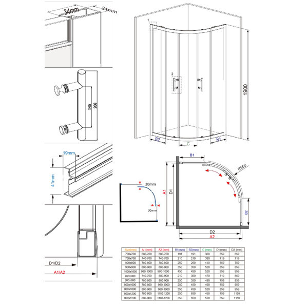 NRG Offset Curved Shower Enclosure - 1900 x 1000 x 900 mm Walk In ...