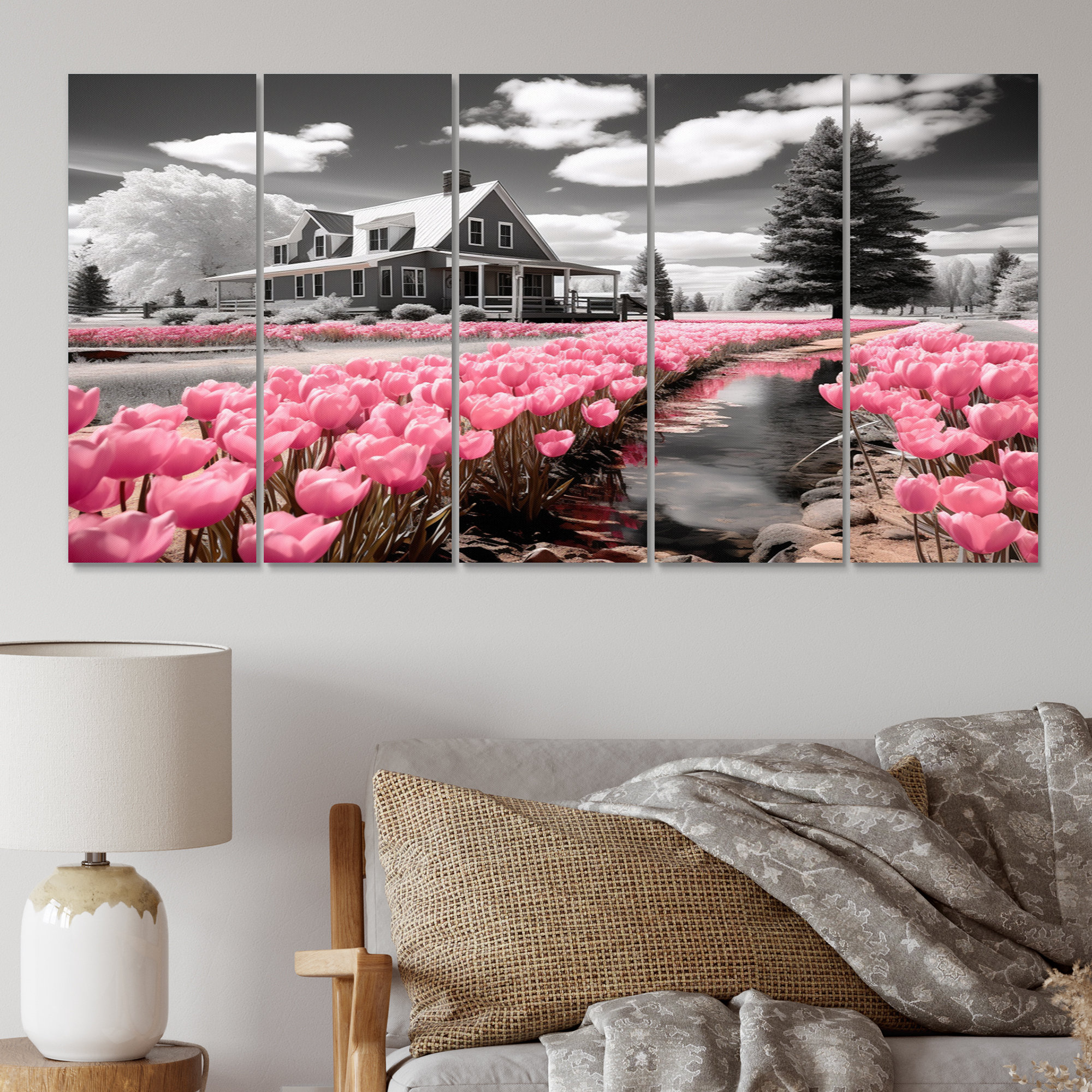 Ebern Designs Pink Farmhouse Frontyard Oasis On Canvas 5 Pieces Print ...