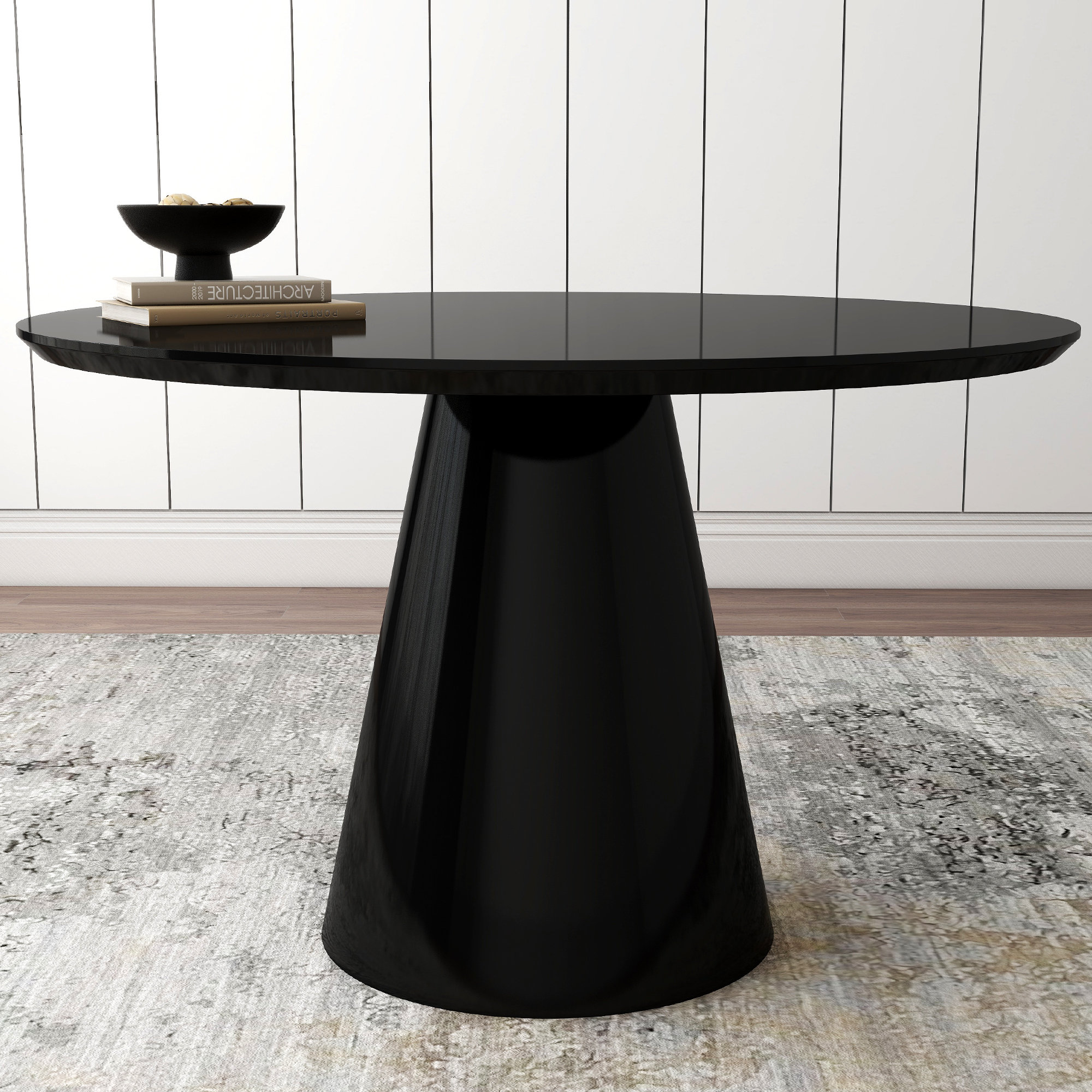 Brayden Studio® Aden High Gloss Round Dining Table with Solid Wood ...