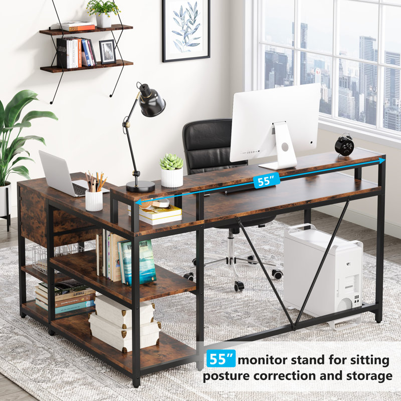 17 Stories Reversible L -Shaped Computer Desk with Monitor Stand ...
