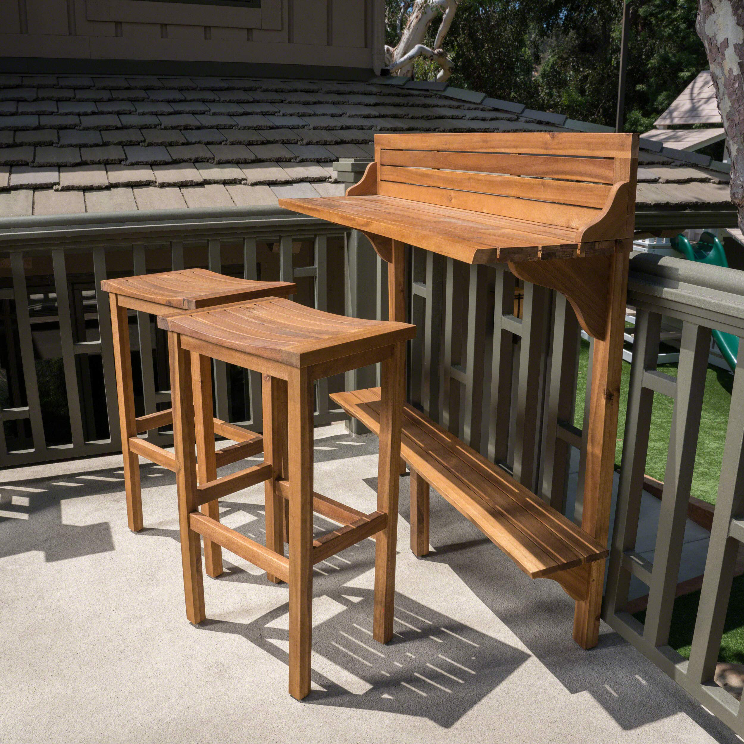 Latitude Run® Outdoor Acacia Wood Balcony Bar Set, 3-Pcs Set,Shelf For ...