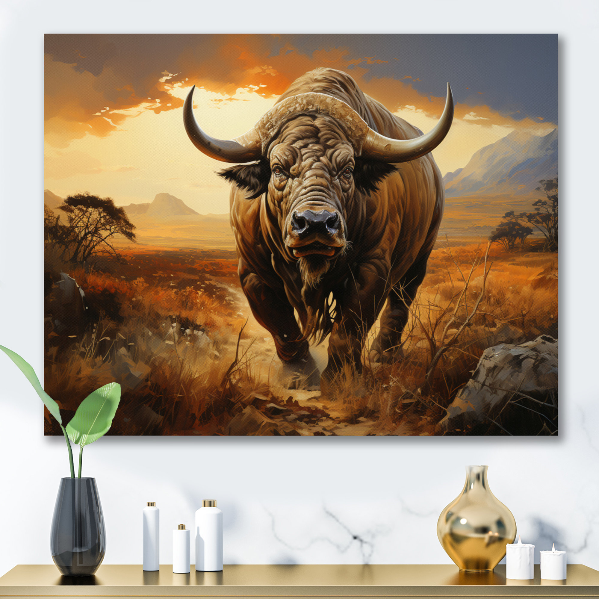Union Rustic Beige Orange African Buffalo Animals On Canvas Print | Wayfair