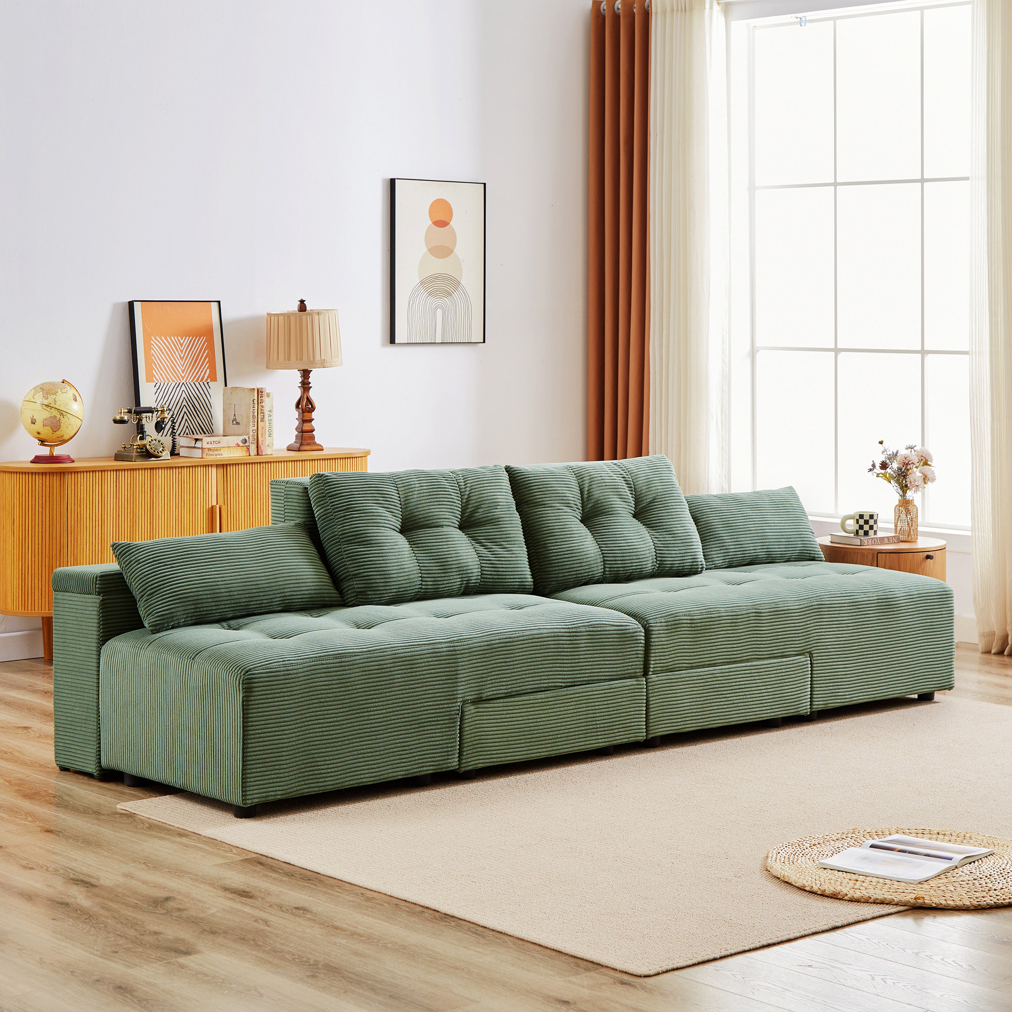Latitude Run® Convertible 3 in 1 Sleeper Sectional Sofa,Corduroy Couch ...