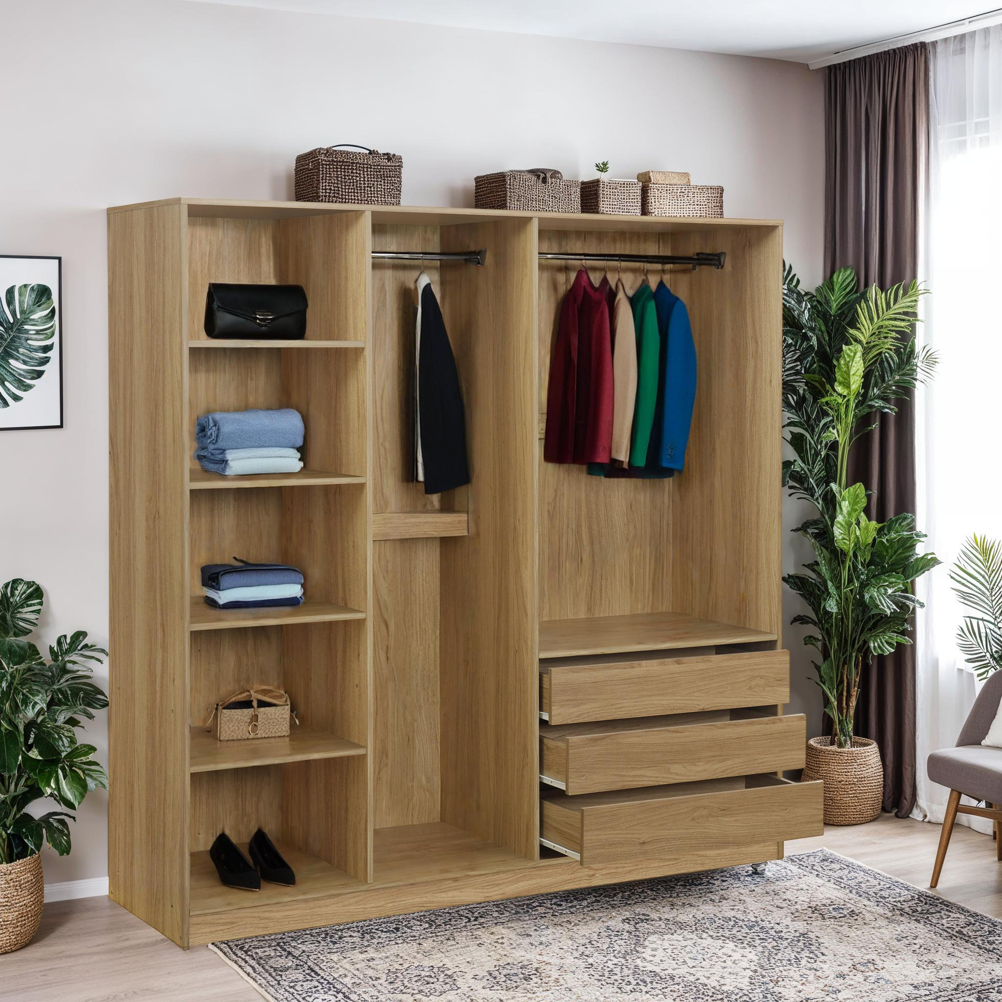 Latitude Run® Open Armoire Wardrobe with 6 Compartments and Dual ...