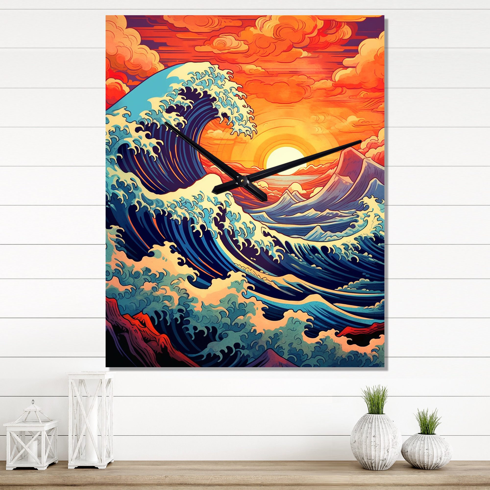 Design Art Majestic Sunset Wild Waves Breaking Retro Art - Coastal ...