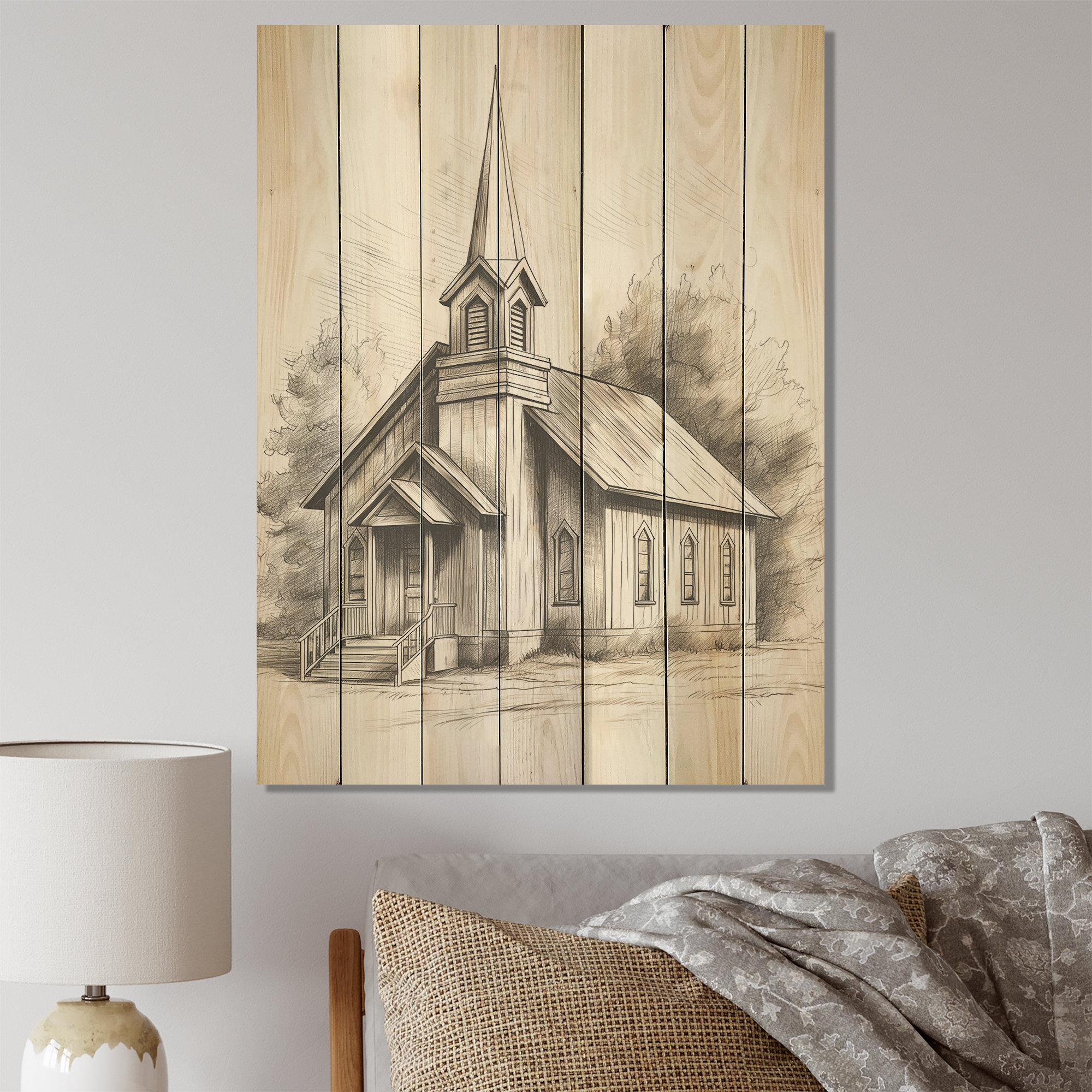 Winston Porter Minimalist Grey Church Serenity - Church On Wood Print ...