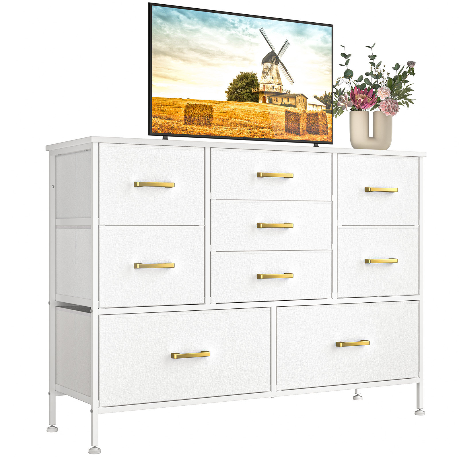 Ebern Designs Dresser for Bedroom TV Stand, Wide Dresser with 9 Drawers Fabric Chest of Drawers ...