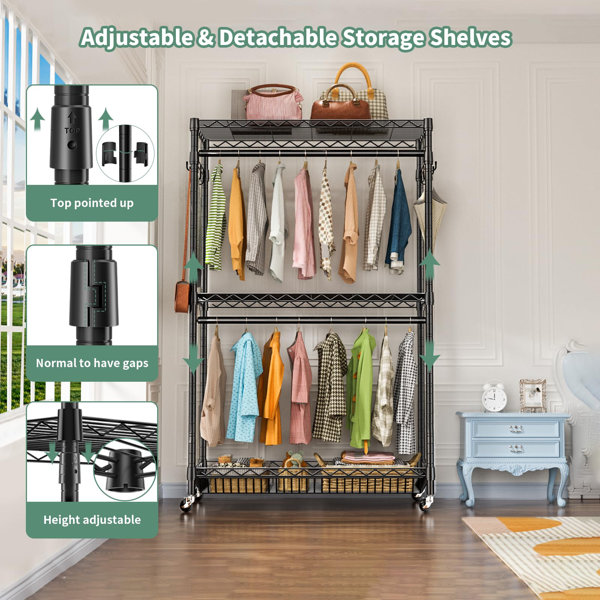 Rebrilliant Niyana 45" Rolling Clothes Rack, Clothing Racks for Hanging ...