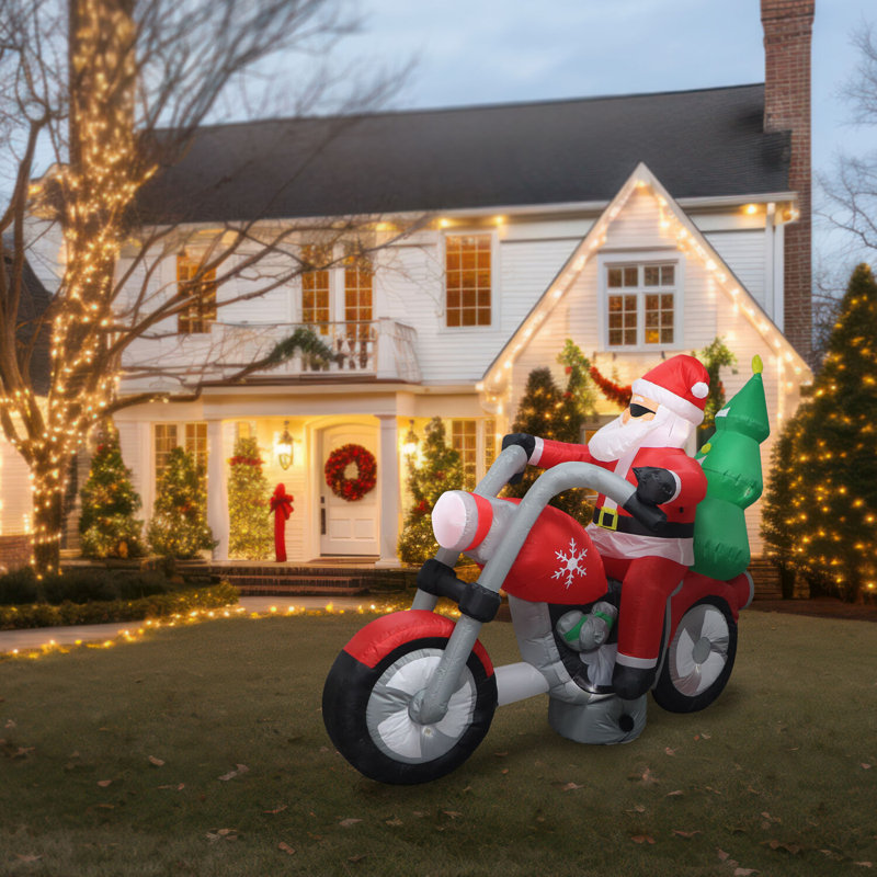 Fraser Hill Farm 7-Ft. Wide Prelit Santa on Motorcycle Inflatable | Wayfair