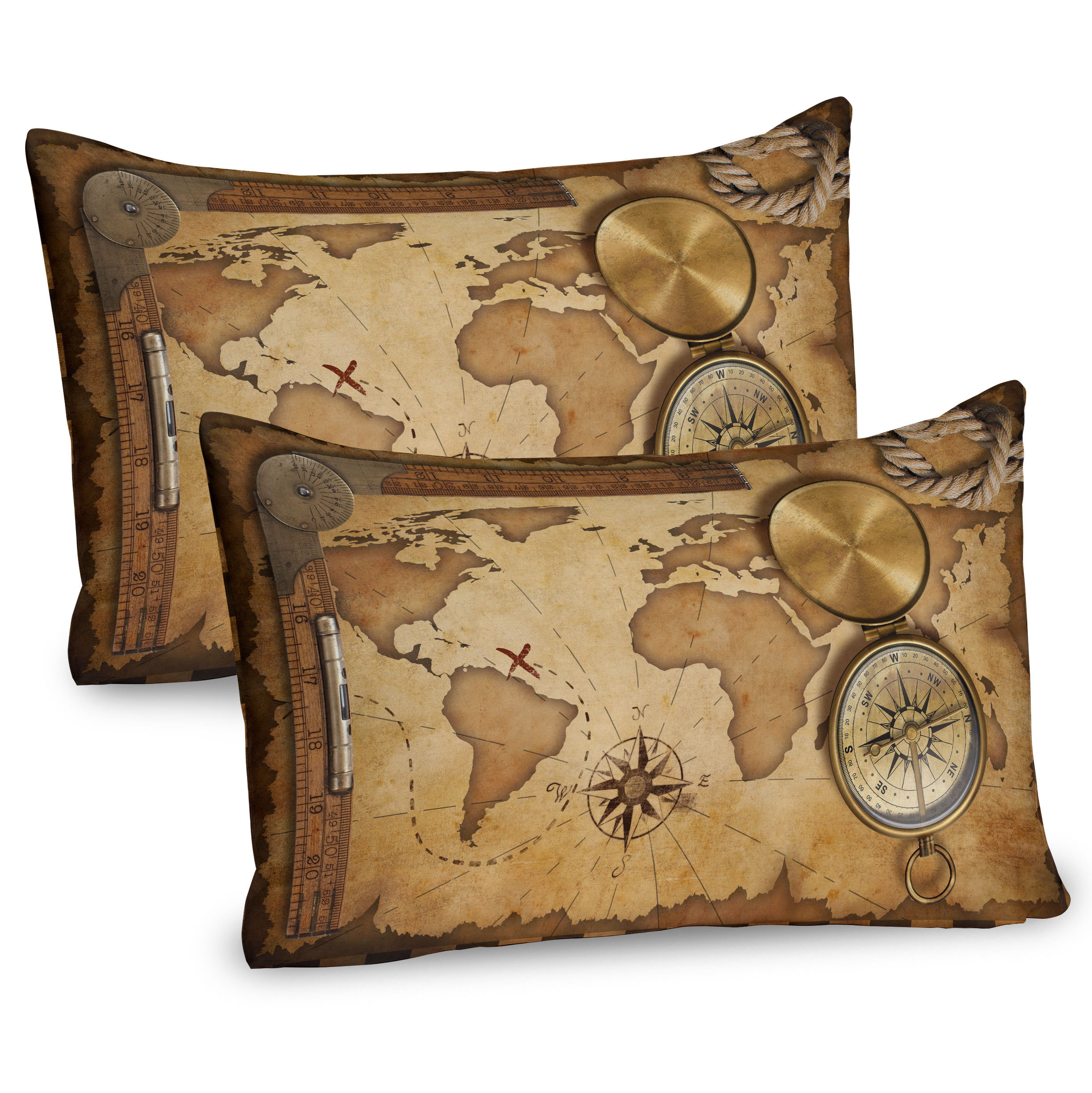 Ambesonne Map Pillow Sham 2 Pack Aged Antique Treasure Map Brown Pale ...