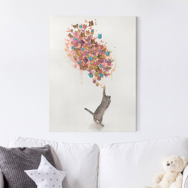 Sommerallee Leinwandbild Katze mit bunten Schmetterlingen | Wayfair.de