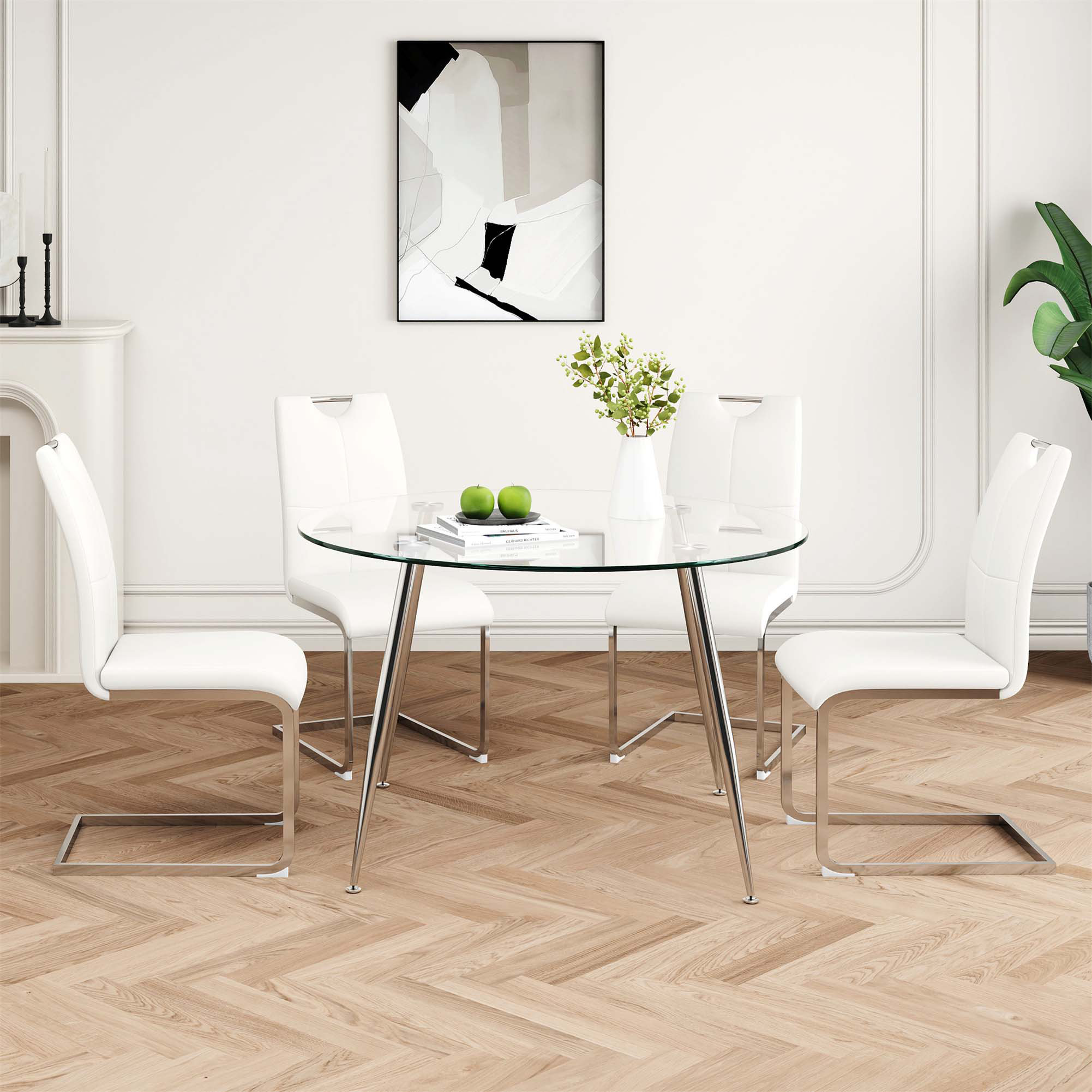 Orren Ellis Modern Simple Table With A Glass Round Table And Six Chairs ...