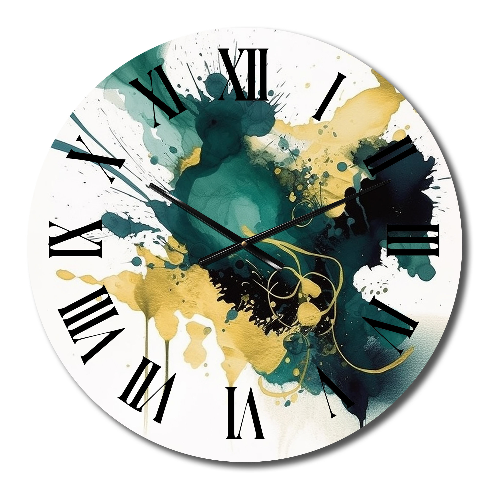 Design Art Dark Blue, Turquoiseá And Gold Strokes II Metal Wall Clock | Wayfair