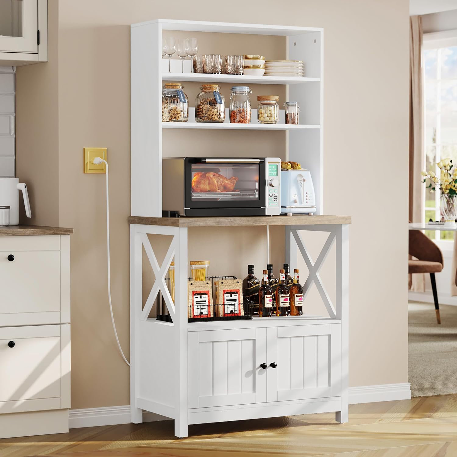 Co-t Farmhouse Microwave Stand With Power Outlet, Freestanding Kitchen ...
