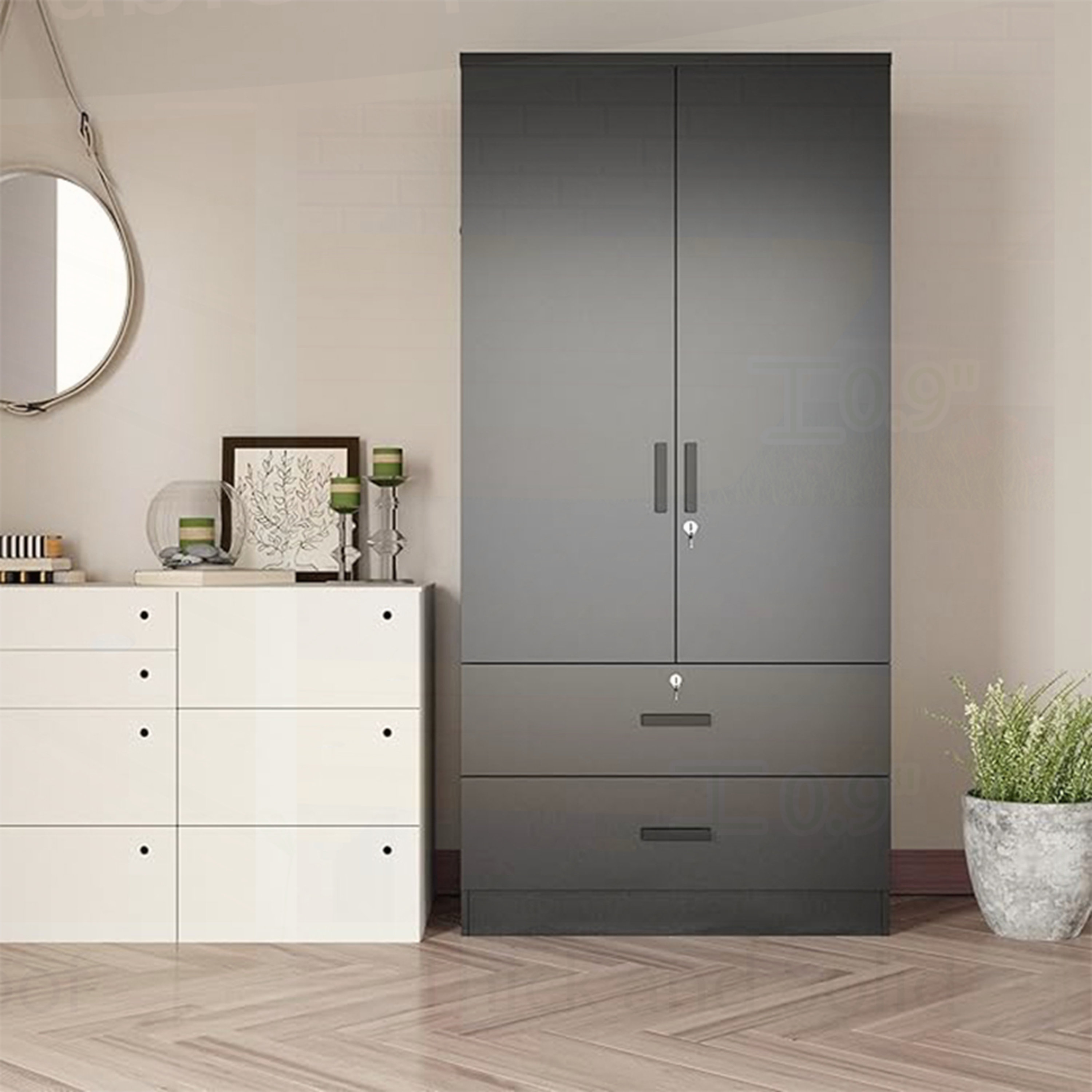 Ebern Designs Wood Black Wardrobe Closet with 2 Doors and 2 Drawers ...
