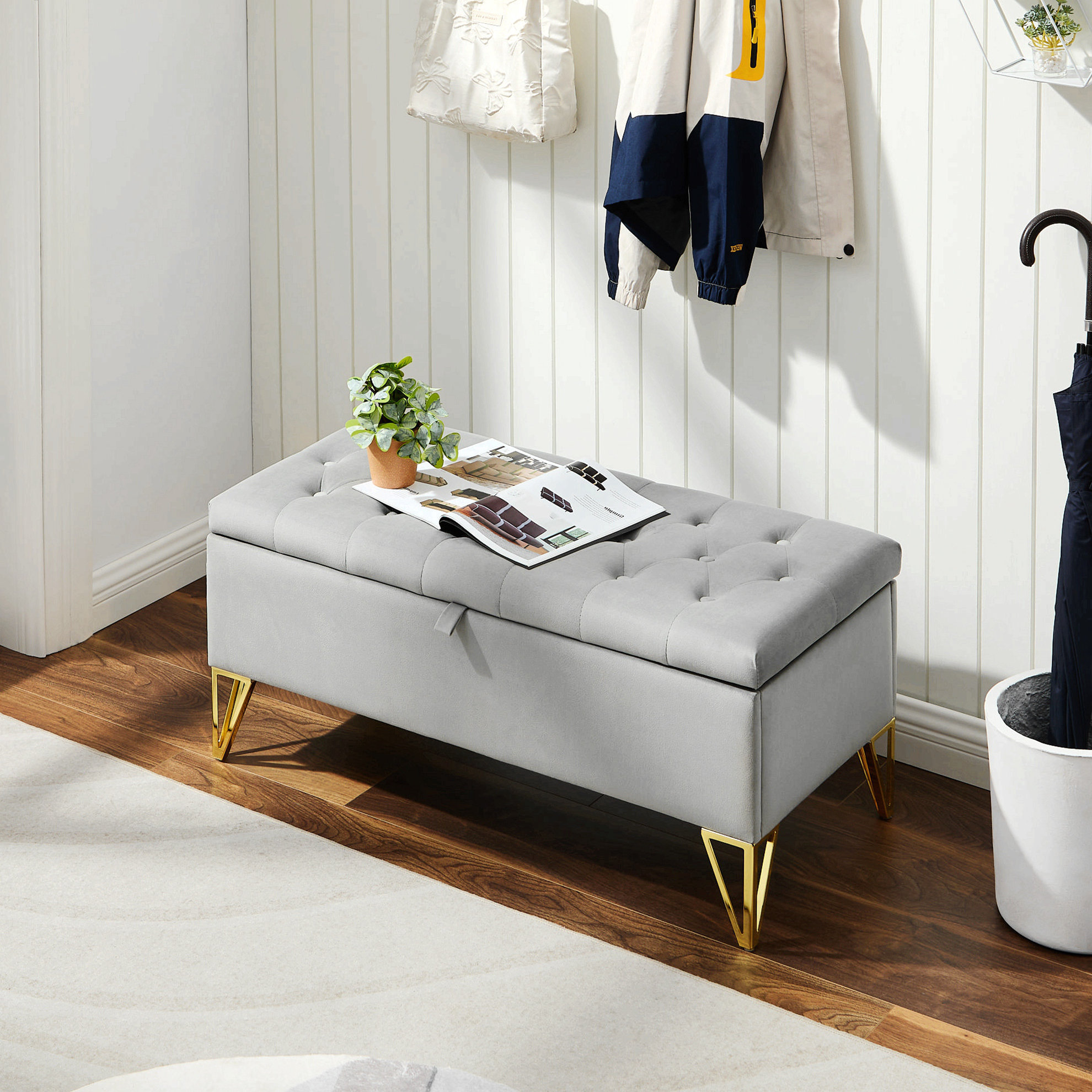 Mercer41 Fashion Light Grey Velvet Fabric Upholstered Large Storage ...