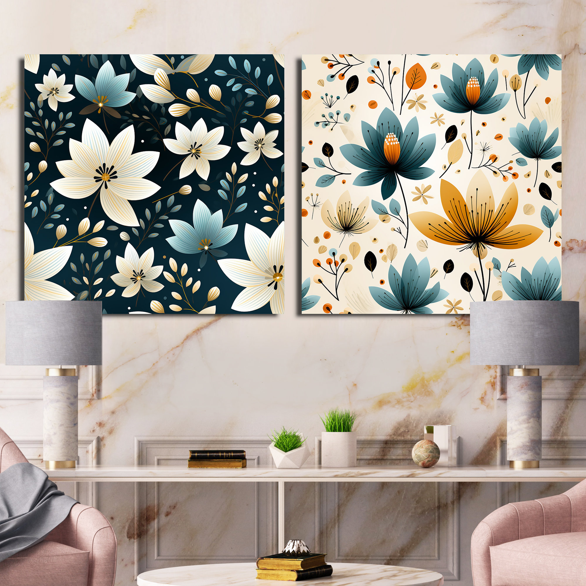 Design Art Beige Coastal Harmony Floral Pattern - Abstract Botanicals ...