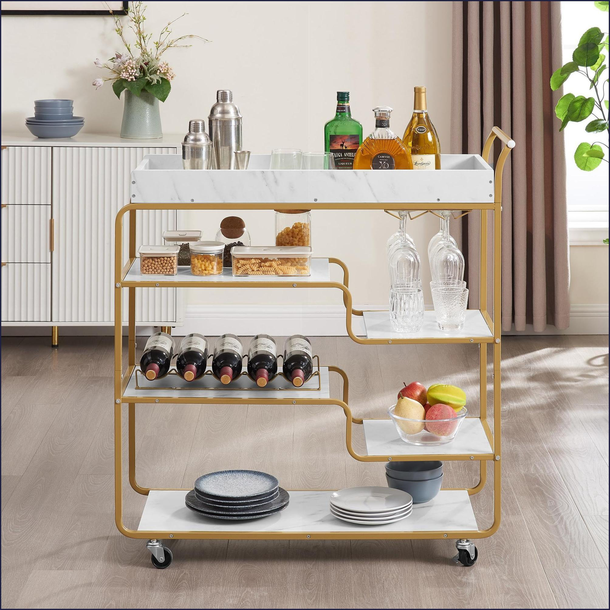 Latitude Run® Bar Cart Retro Rolling with Wine Rack & Glass Holder ...