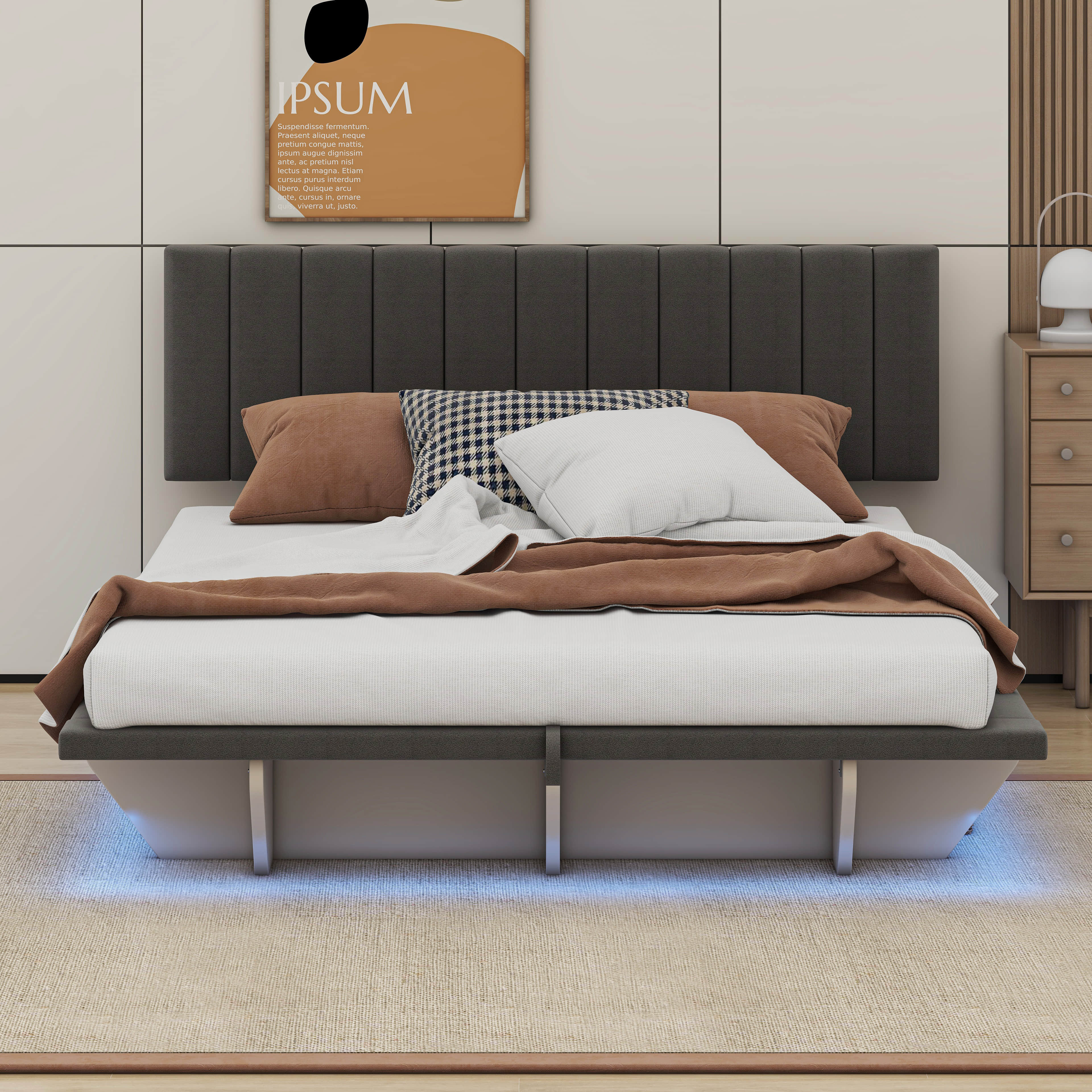 Cosmic Queen Size Upholstered Floating Bed With LED Light And Hydraulic ...